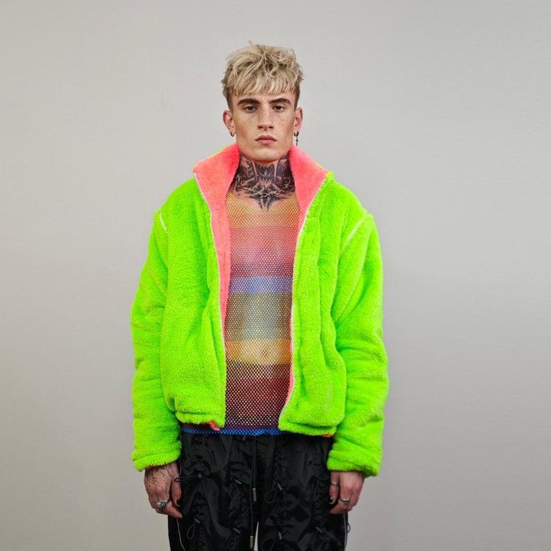 Neon Green Fleece Rave Jacket Reversible Fluorescent Hooded Party ...