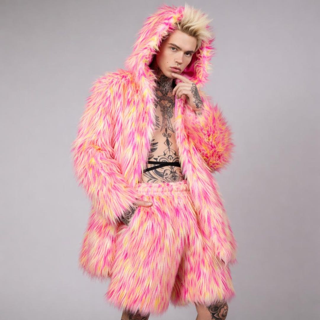 Neon Pink Shaggy Coat, Yellow Faux Fur Jacket, Rave Festival Outfit ...