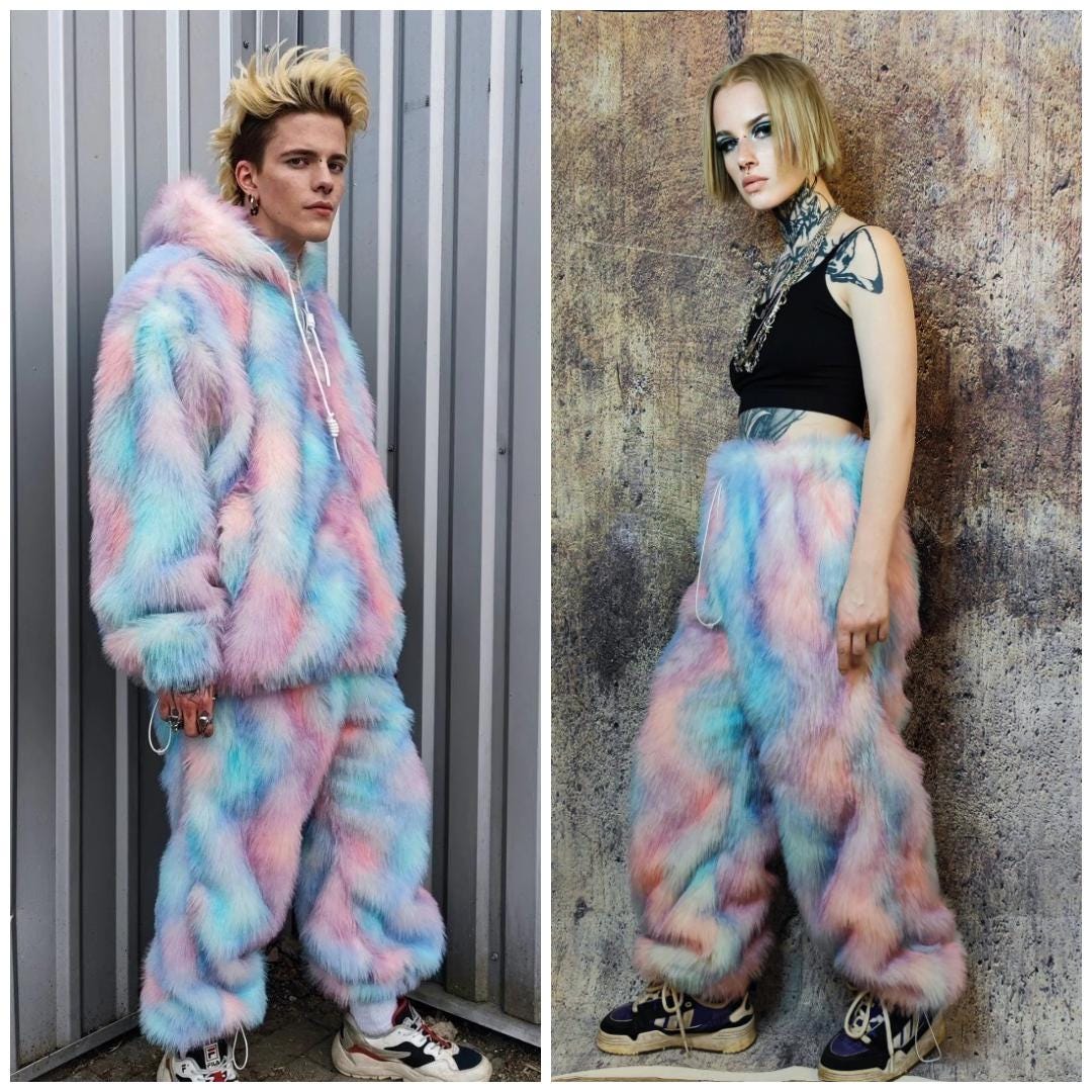 Rainbow Faux Fur Joggers Tie-dye Pants Shaggy Gay Trousers LGBT Bottoms ...