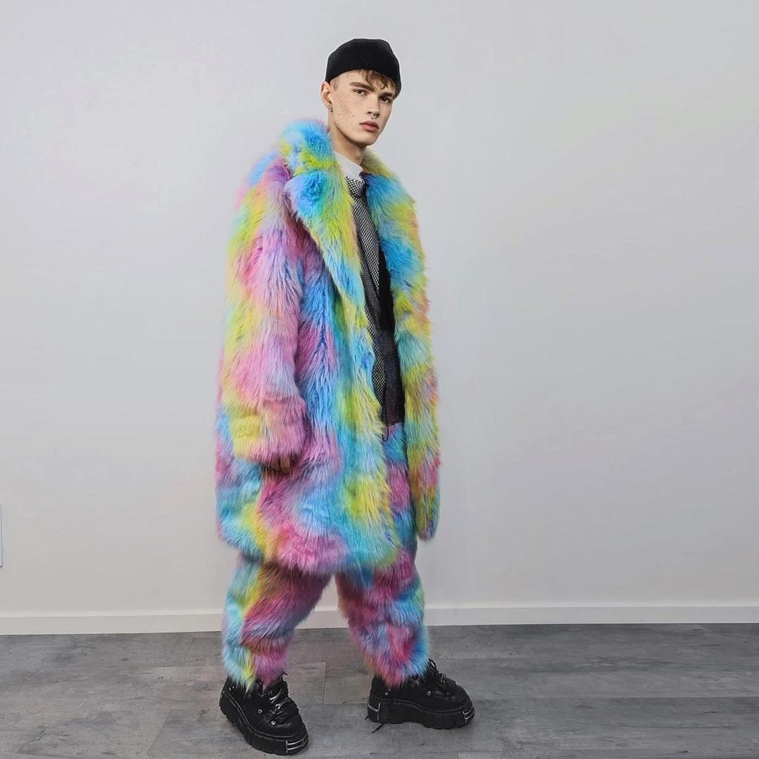 Long Rainbow Faux Fur Coat Shaggy Unicorn Trench 00s Parrot Bomber ...