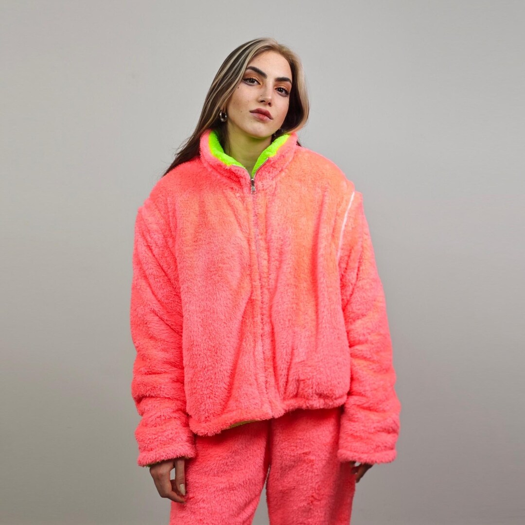 Neon Pink Fleece Rave Jacket Reversible Fluorescent Hooded Party Bomber ...