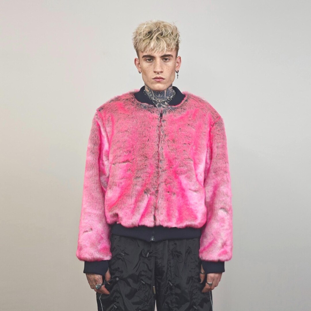 Pink Faux Fur Varsity Neon Fluffy Jacket 90s Style Cropped College ...