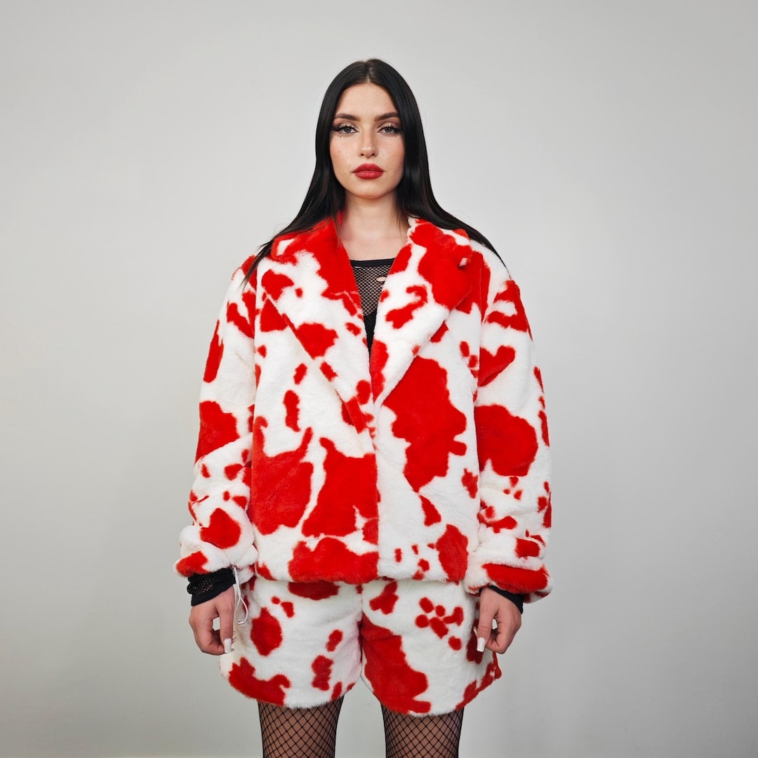 Cropped Cow Print Coat Red White Fleece Trench Animal Print Jacket ...