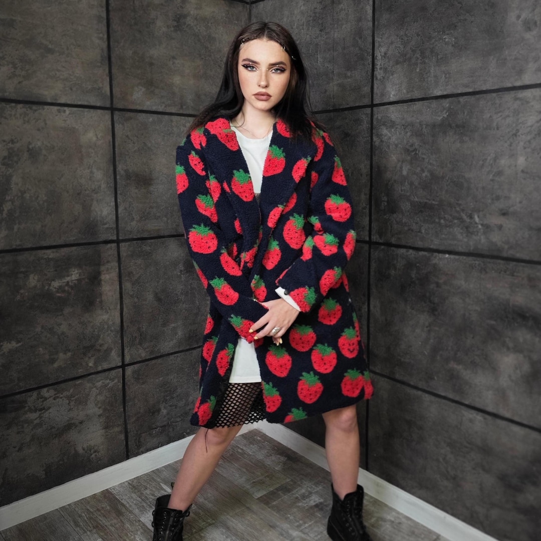 Retro Fleece Coat Red Black Strawberry Print Psychedelic Trench Rave ...