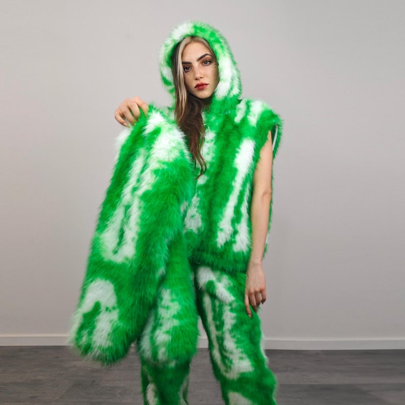Green Faux Fur Joggers Tie-dye Trousers Abstract Rave Pants Fluffy ...