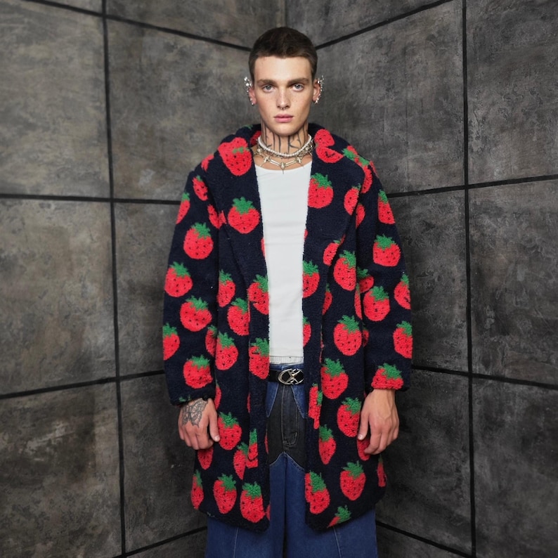 Retro Fleece Coat Red Black Strawberry Print Psychedelic Trench Rave ...