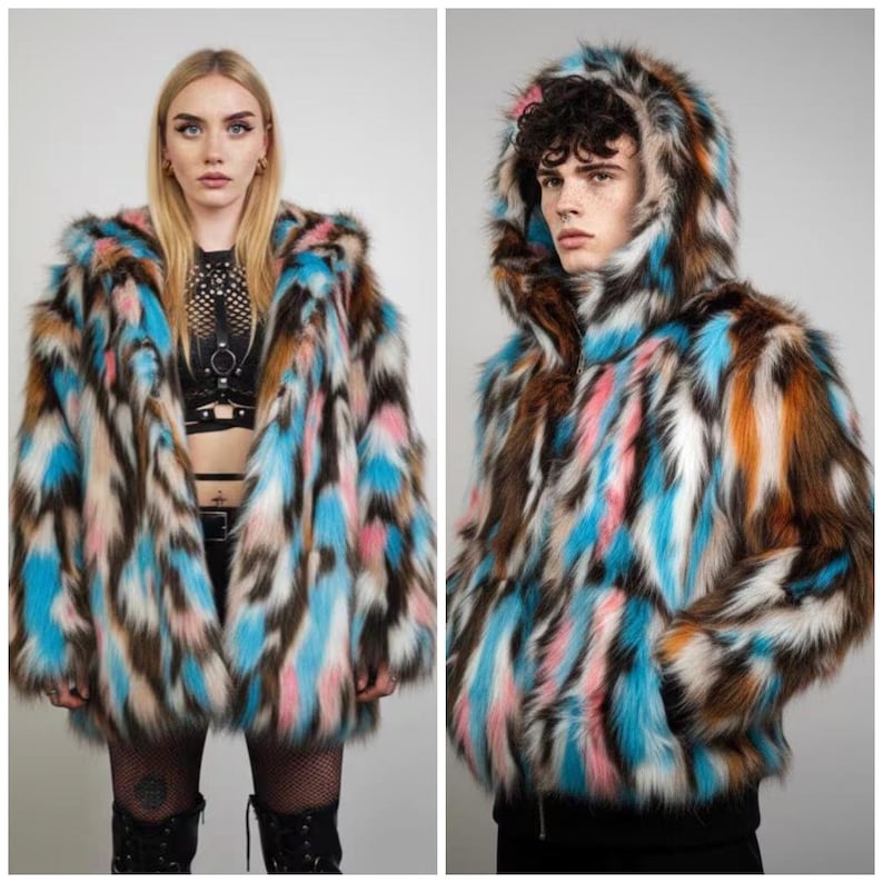 Psychedelic Faux Fur Coat 90s Trench Neon Rave Bomber Fluffy Tie-dye ...