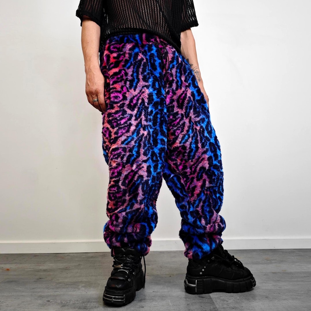 Blue Neon Pink Leopard Faux Fur Joggers, Long Furry Bottoms, Festival ...