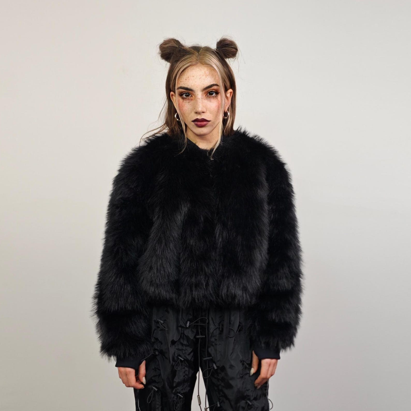 Black Faux Fur Bomber, Short Fluffy College Varsity Jacket, Cropped ...