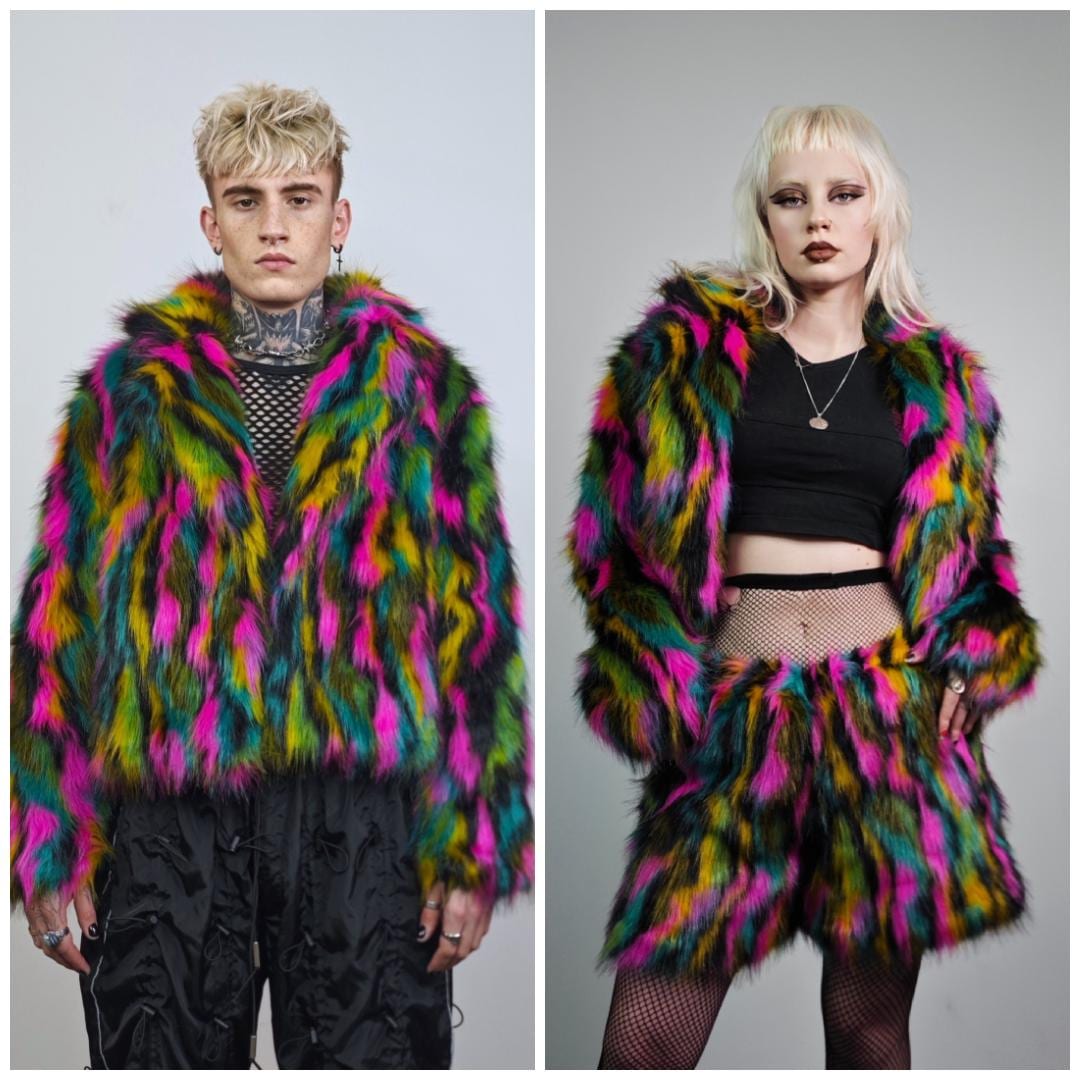 Psychedelic Faux Fur Trousers 70s Joggers Neon Rave Pants Fluffy Tie ...