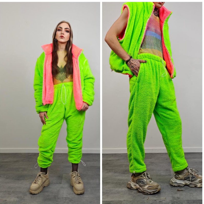 Neon Green Fleece Rave Jacket Reversible Fluorescent Hooded Party ...