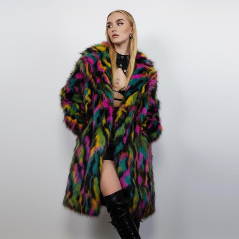 Psychedelic Faux Fur Coat 90s Trench Neon Rave Bomber Fluffy Tie-dye ...