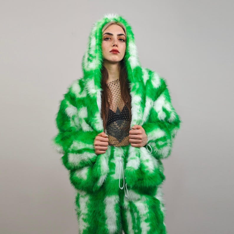 Green Faux Fur Joggers Tie-dye Trousers Abstract Rave Pants Fluffy ...