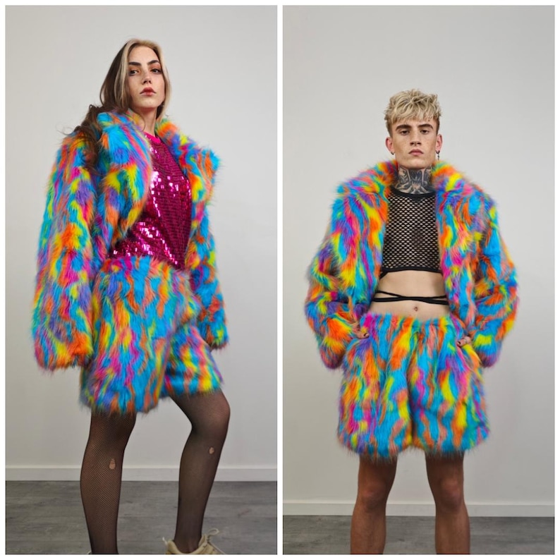 Psychedelic Faux Fur Trousers 70s Joggers Neon Rave Pants Fluffy Tie ...