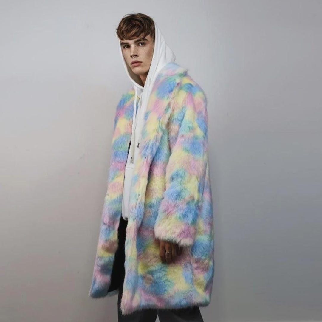 Pastel Faux Fur Long Unicorn Coat, Rainbow Trench, Fluffy Raver Bomber ...