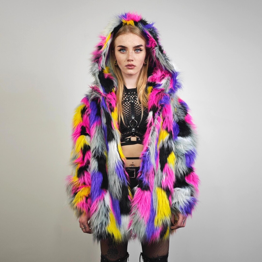 Patched Faux Fur Coat Shaggy Rainbow Hoodie Tie-dye Bomber Burner ...