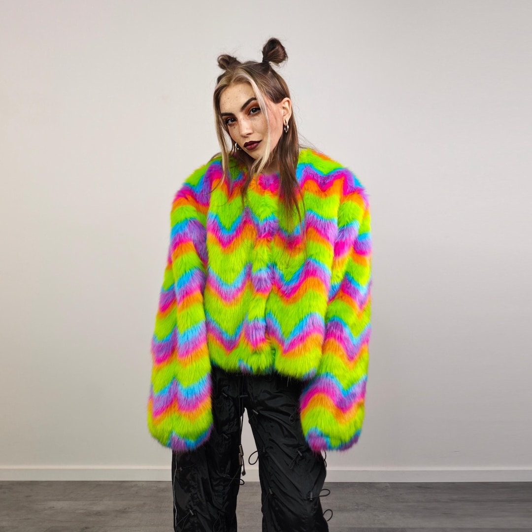 Rainbow Faux Fur Coat Short Striped Collarless Jacket Unicorn Trench ...