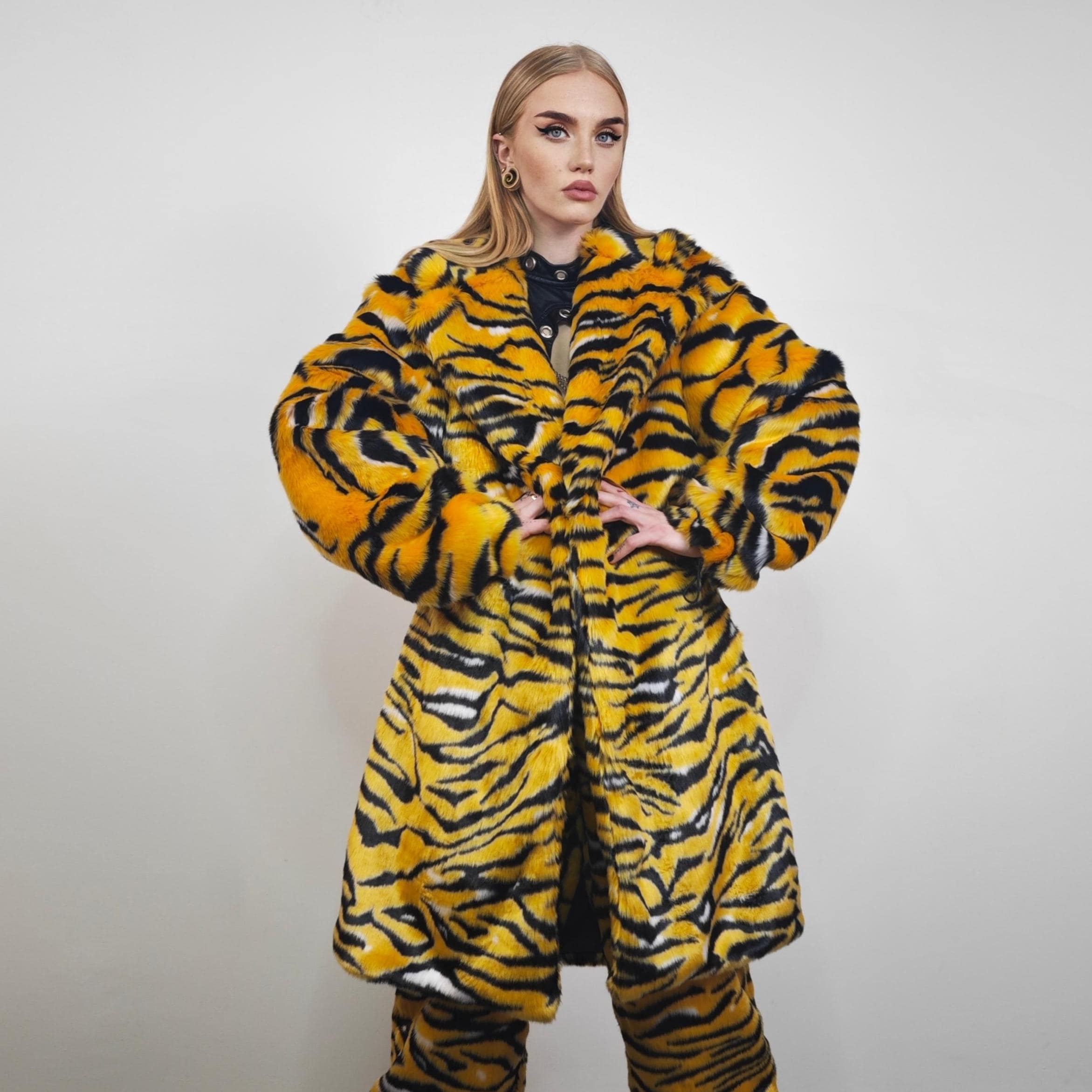 Bengal Tiger Long Coat Faux Fur Trench Animal Pattern Jacket 00s Safari ...