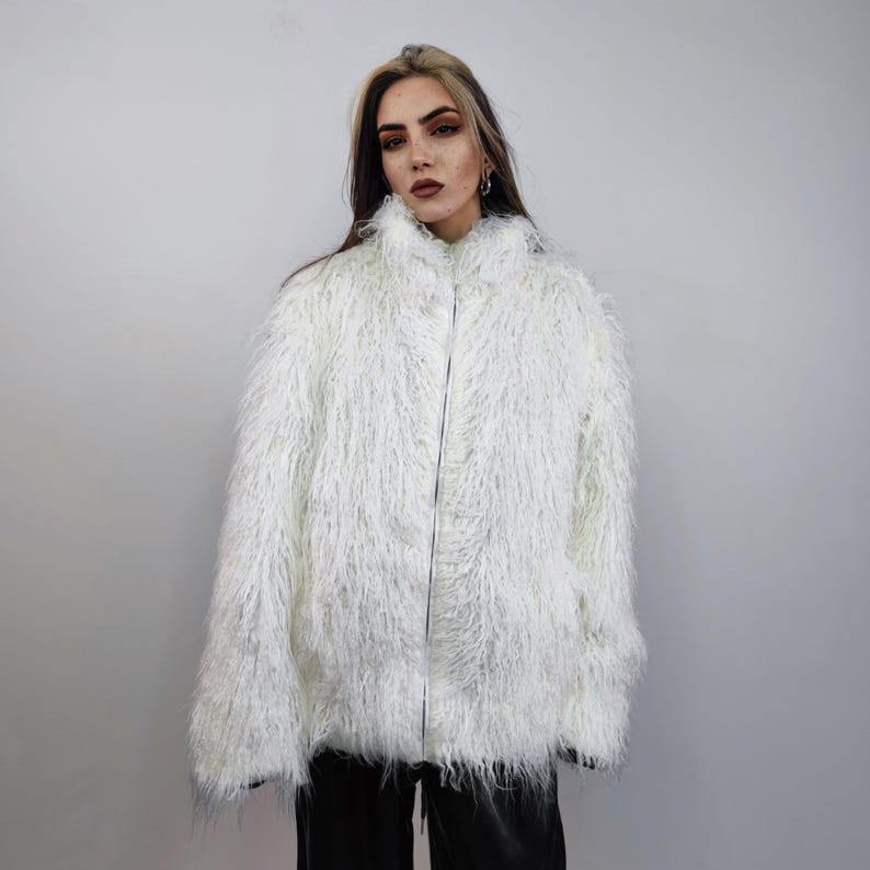 Shaggy Faux Fur Jacket Black Long Hair Fluffy Going Out Bomber Party ...