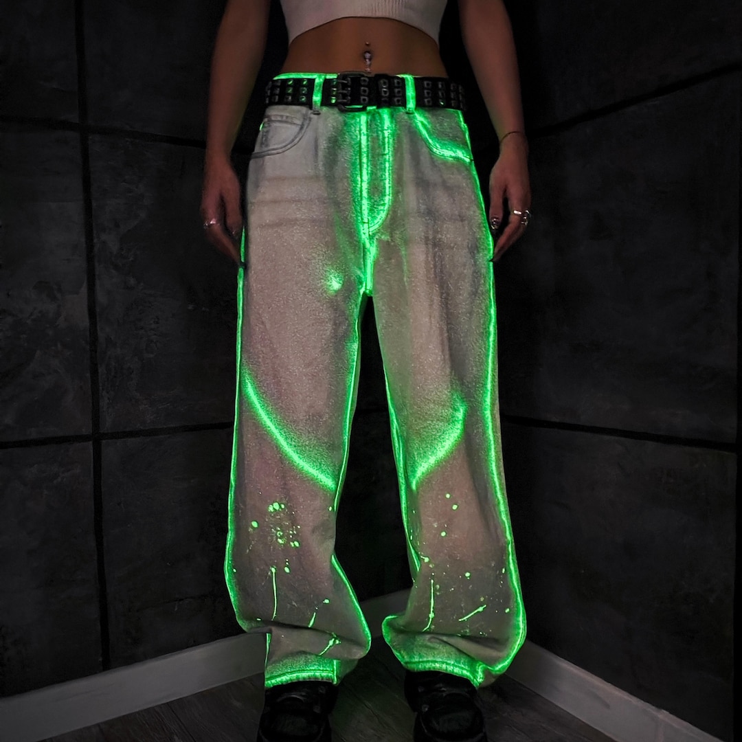 Glow in the Dark Jeans Rave Denim Pants Neon Streetwear Cyberpunk ...