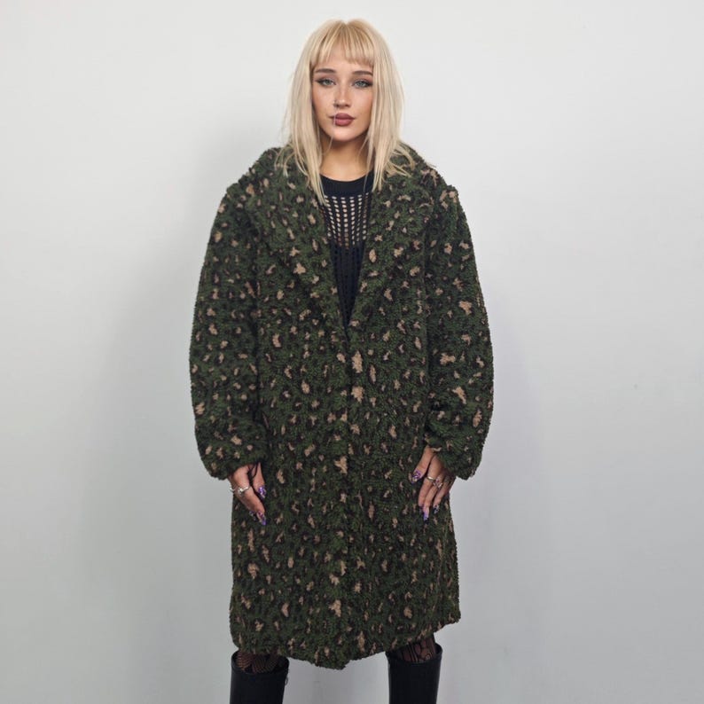 Green Fleece Leopard Trench, Teddy Animal Print Long Jacket, Vibrant ...
