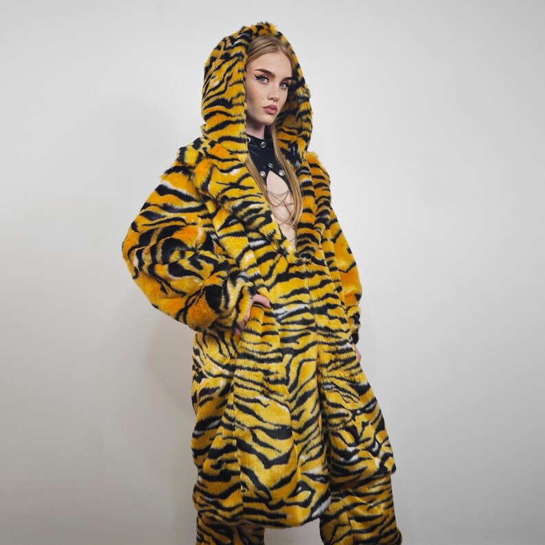 Bengal Tiger Long Coat Faux Fur Trench Animal Pattern Jacket 00s Safari ...