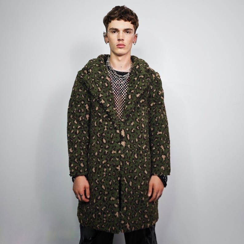 Green Fleece Leopard Trench, Teddy Animal Print Long Jacket, Vibrant ...