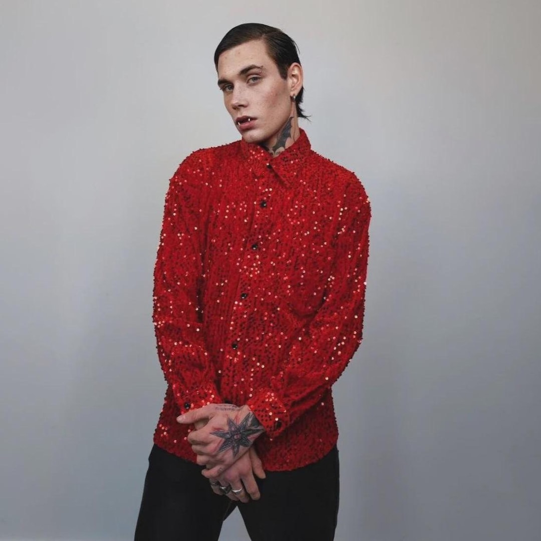 Red Sequin Embellished Shirt, Long Sleeve Glitter Blouse, Shiny Fancy ...