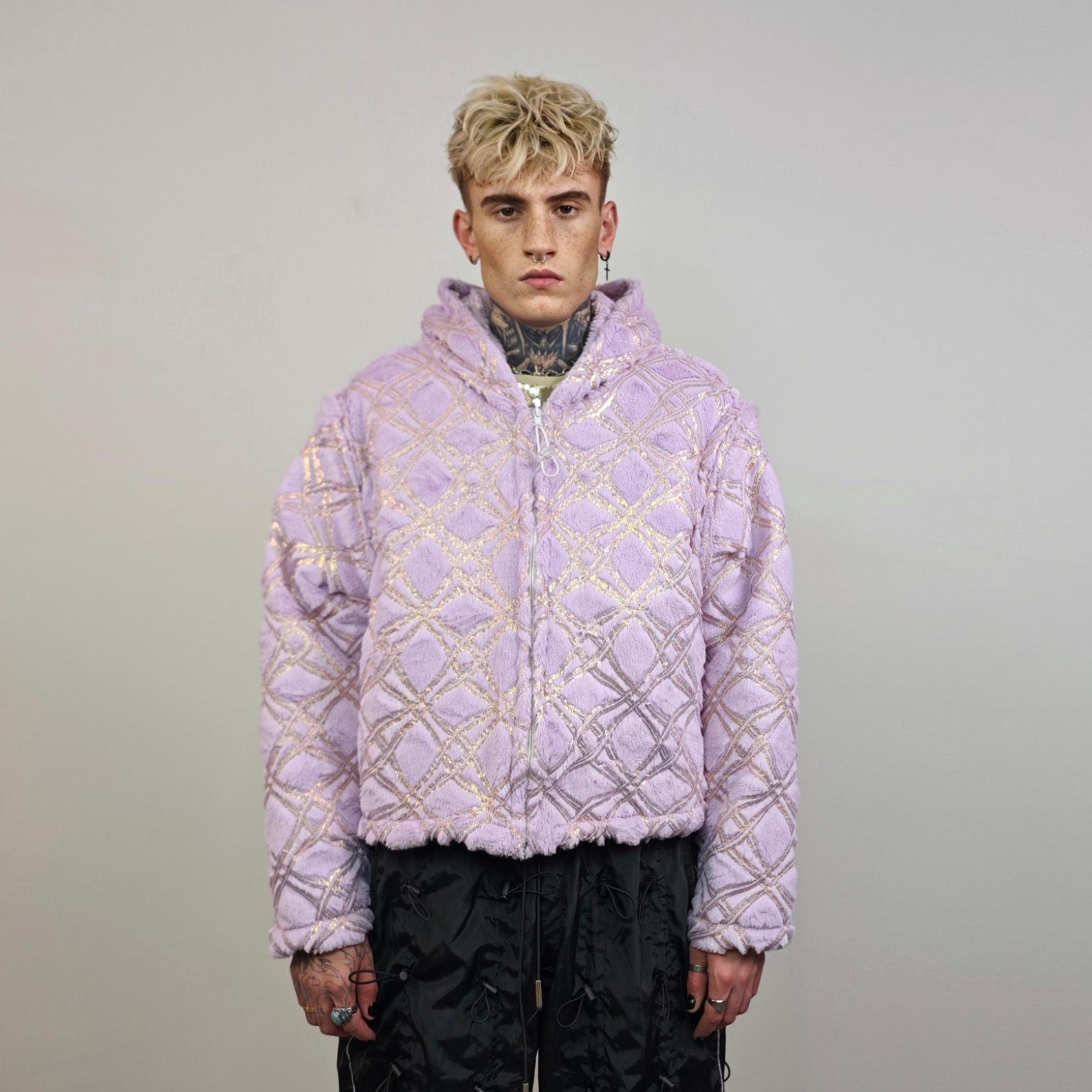Cropped Going Out Coat Purple Gold Glitter Collarless Jacket Shiny ...
