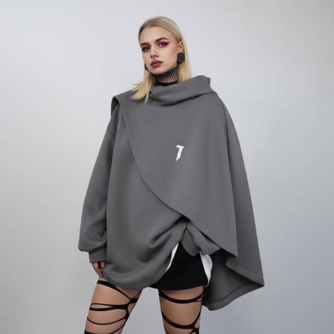 Gray Sci-fi Cape, Futuristic High Neck Poncho, Industrial Cyberpunk ...