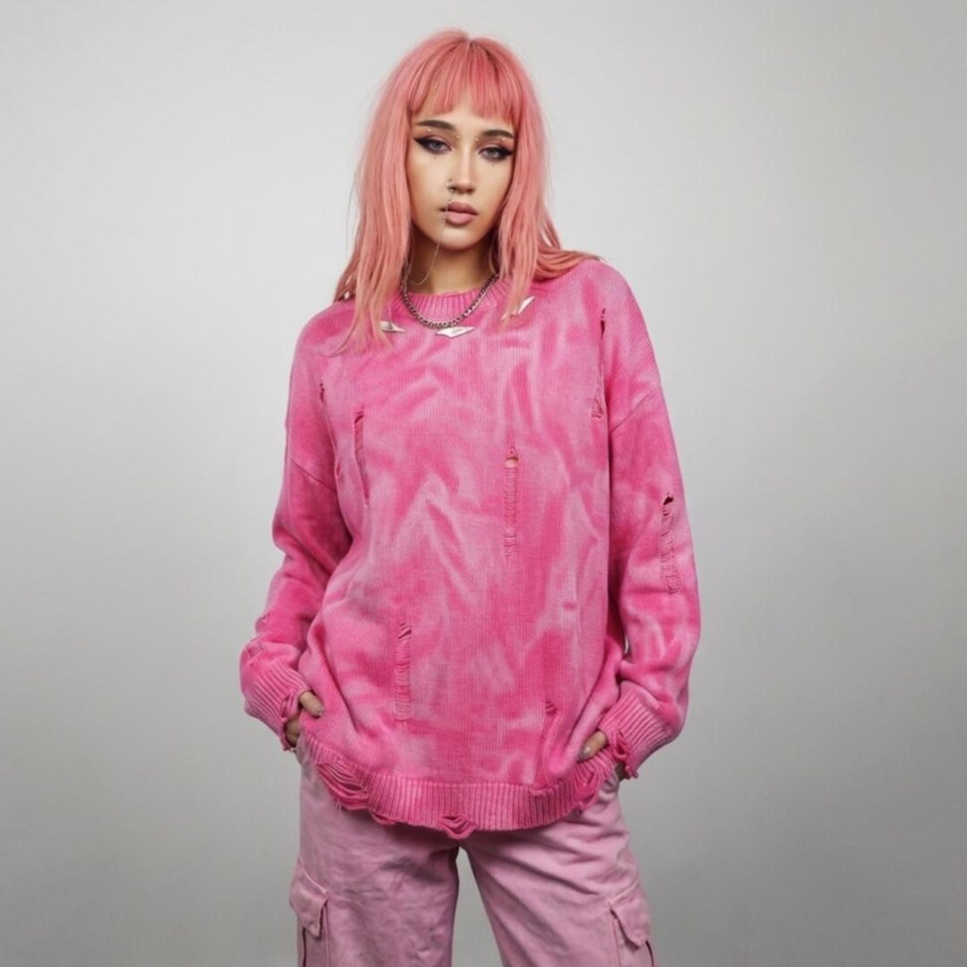 Pink Acid Wash Distressed Sweater, Metal Hardware E-girl Jumper, Cyber ...