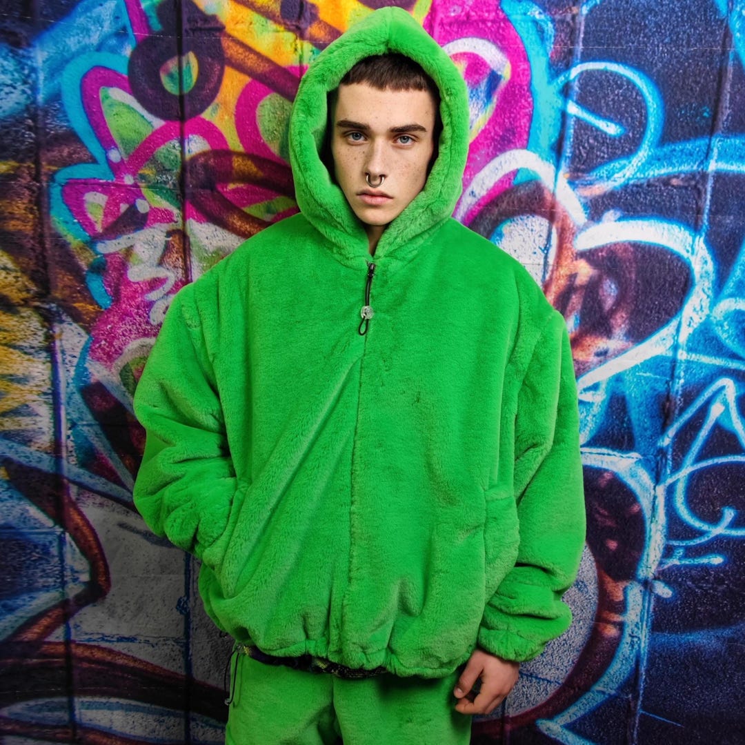 Neon Green Faux Fur Hooded Jacket, Shaggy Rave Festival Coat, Acid ...