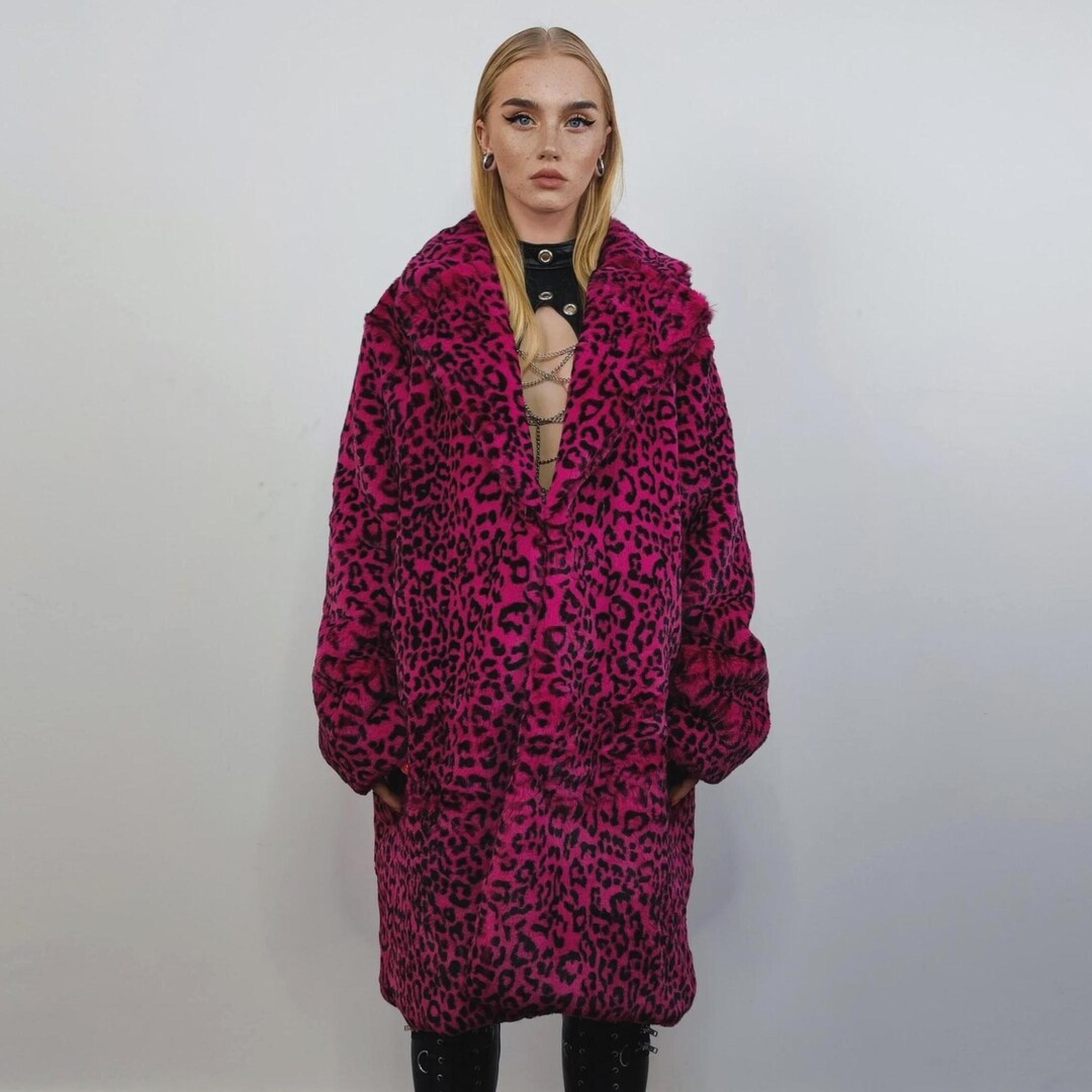 Faux Fur Long Leopard Coat Pink Animal Print Trench Bright Raver Bomber ...