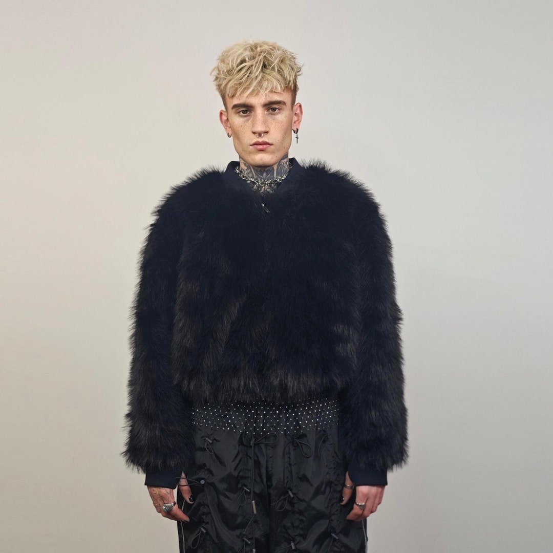 Black Faux Fur Bomber Short Fluffy College Bomber Cropped Varsity ...