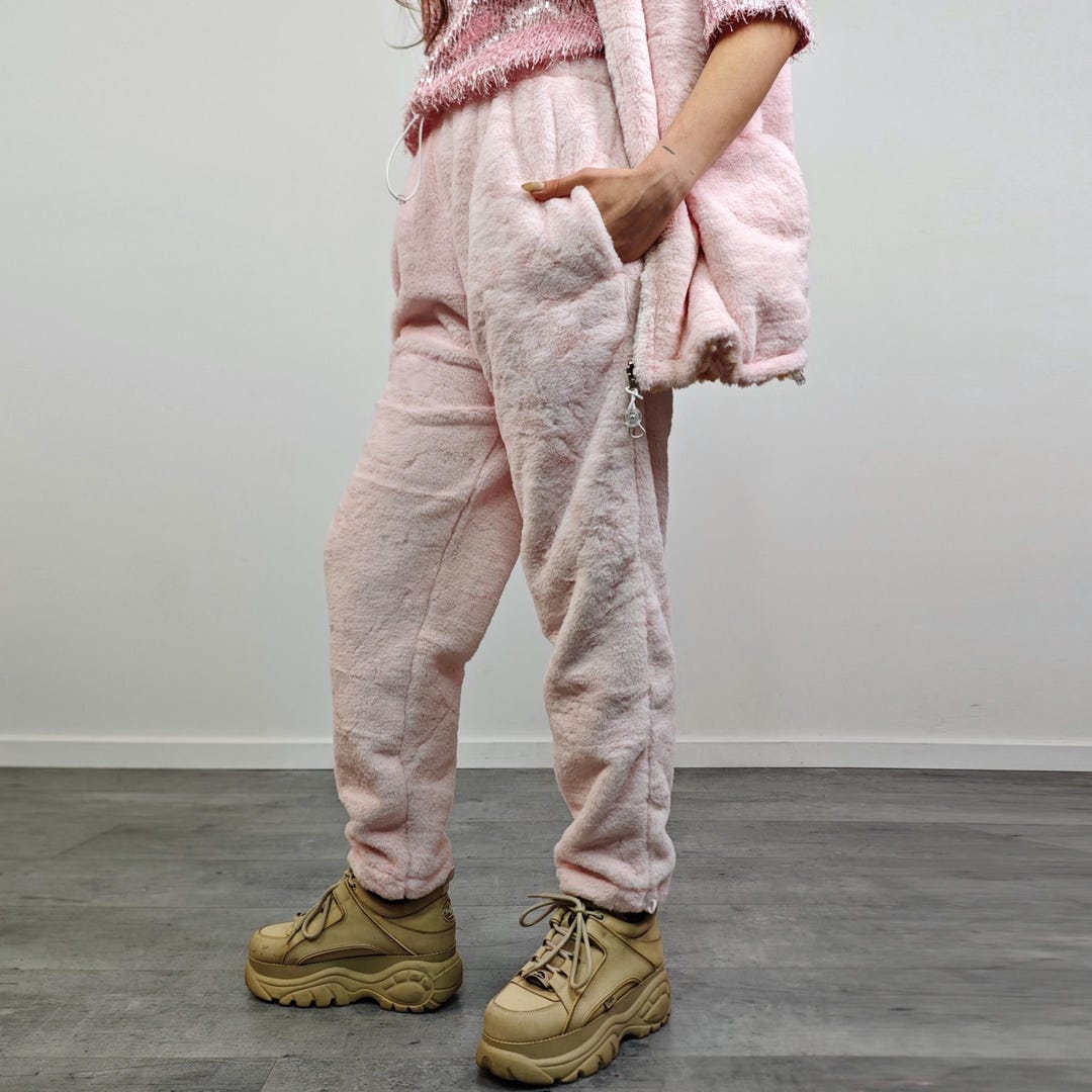 Pastel Pink Faux Fur Joggers Ski Pants Fleece Trousers Retro Rave ...