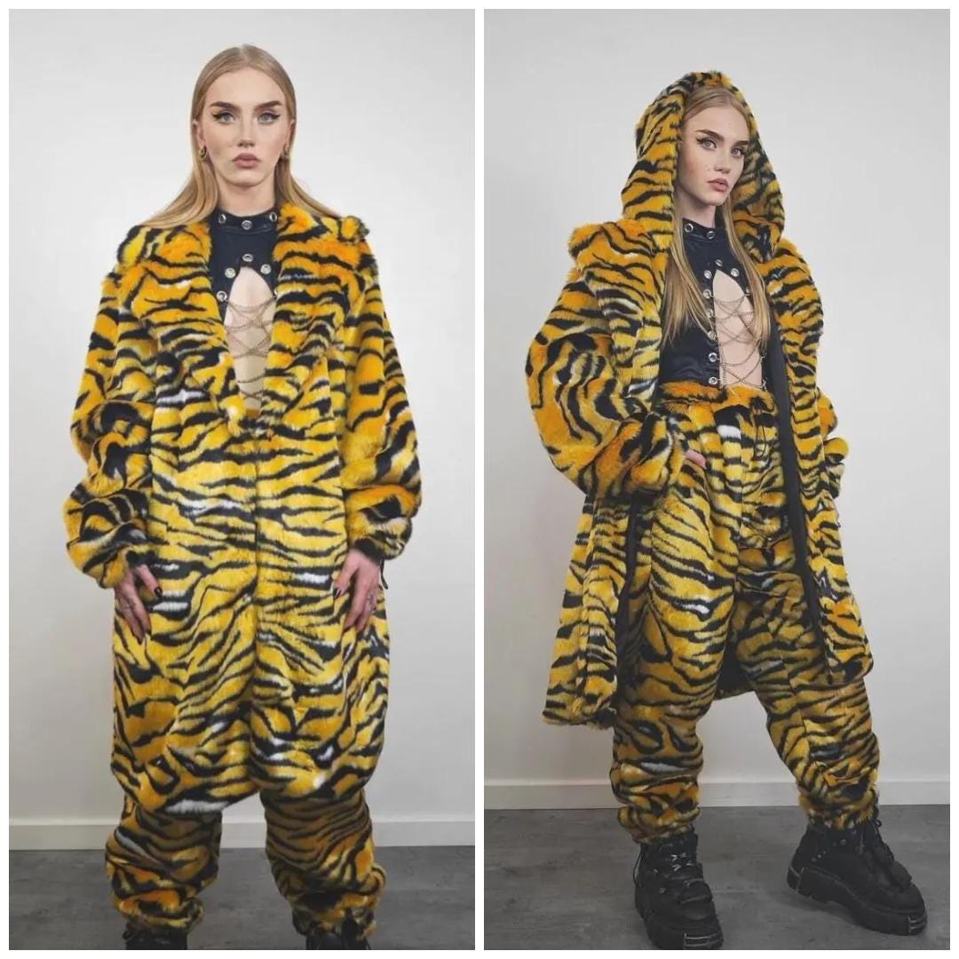 Bengal Tiger Long Coat Faux Fur Trench Animal Pattern Jacket 00s Safari ...
