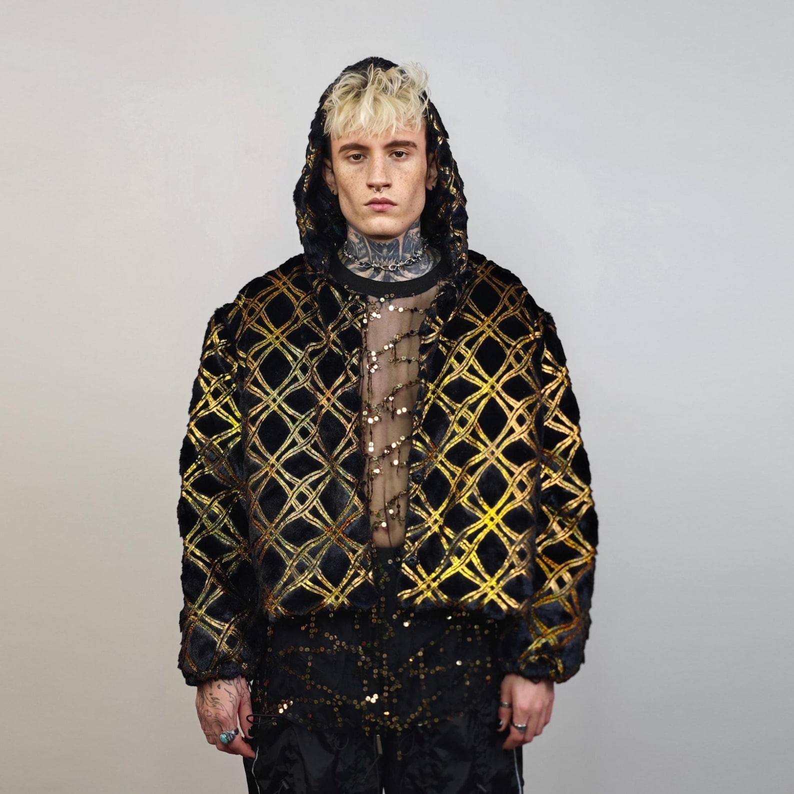 Cropped Going Out Coat Purple Gold Glitter Collarless Jacket Shiny ...