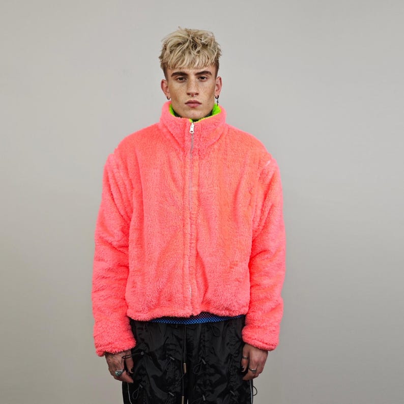 Neon Pink Fleece Rave Jacket Reversible Fluorescent Hooded Party Bomber ...