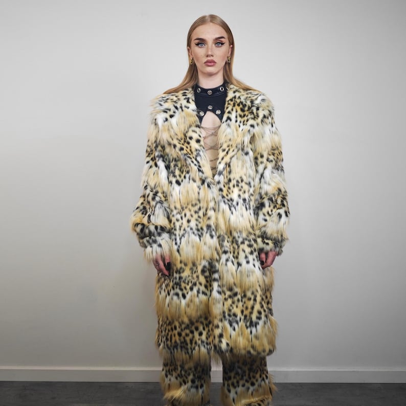 Leopard Fur Coat Cheetah Pattern Longline Trench Glam Rocker Overcoat ...