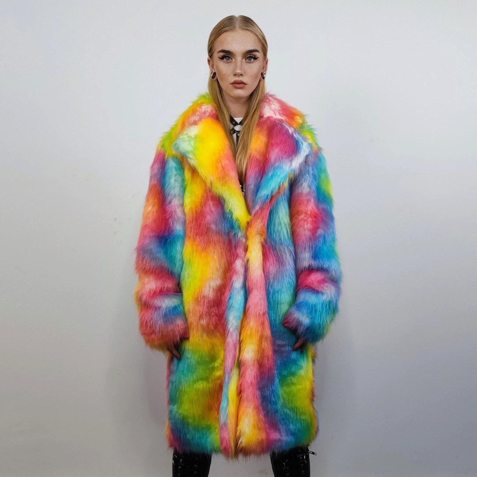Rainbow Faux Fur Long Coat, Neon Tie-dye Trench, Psychedelic Raver ...