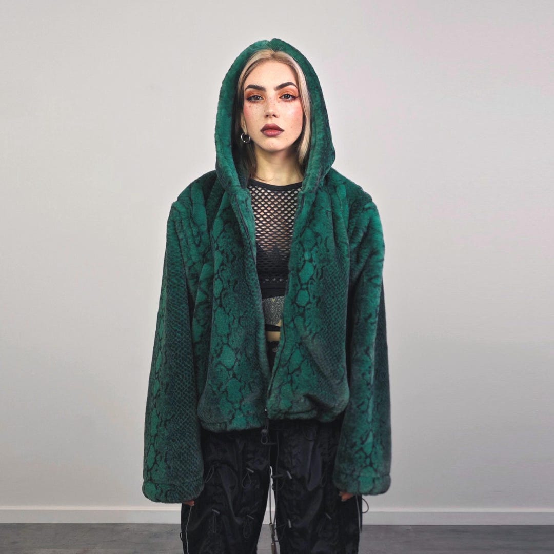 Snake Faux Fur Jacket Green Hooded Short Python Coat Crocodile Rave ...