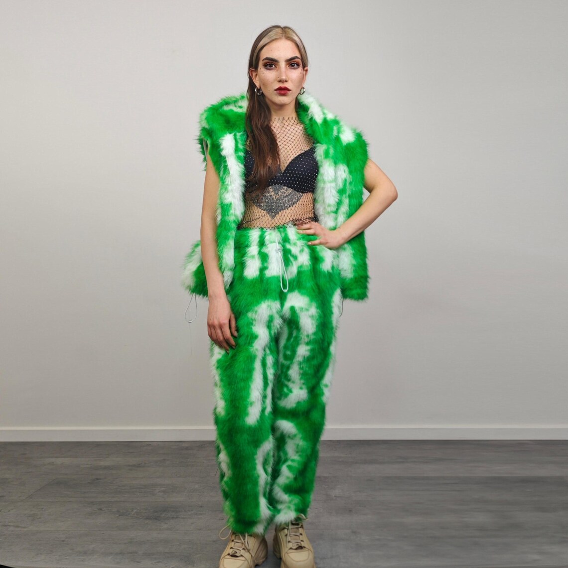 Green Faux Fur Joggers Tie-dye Trousers Abstract Rave Pants Fluffy ...
