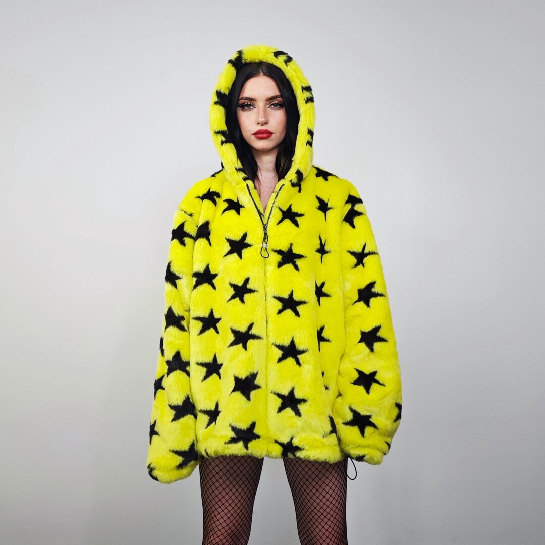 Star Print Hooded Jacket Yellow Faux Fur Geometric Fleece Bomber ...