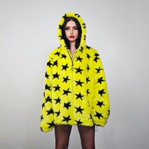 Star Print Hooded Jacket Yellow Faux Fur Geometric Fleece Bomber ...