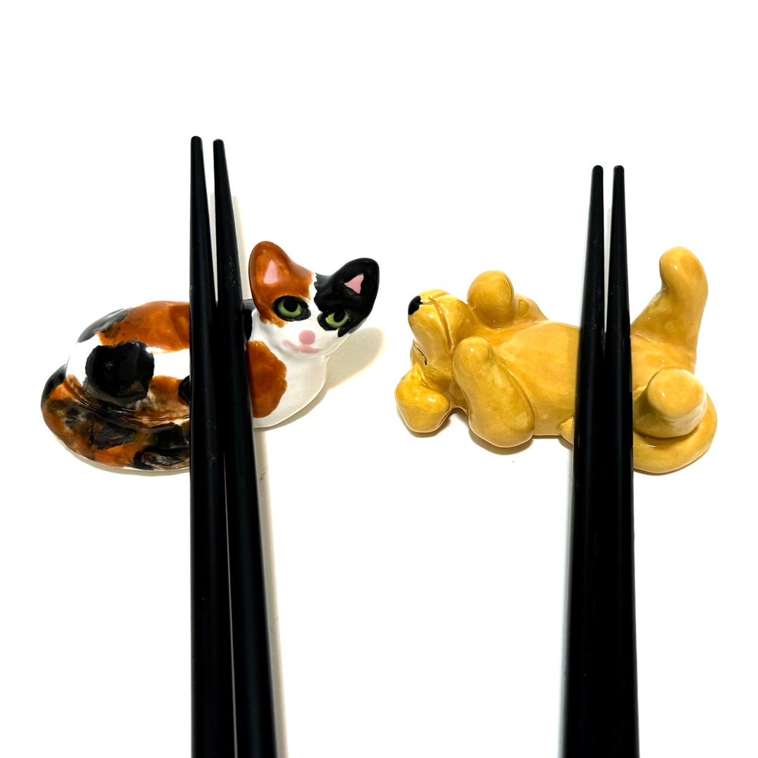 Cat and Dog Chopstick Holders, Engagement Gift, Calico Cat and Yellow ...