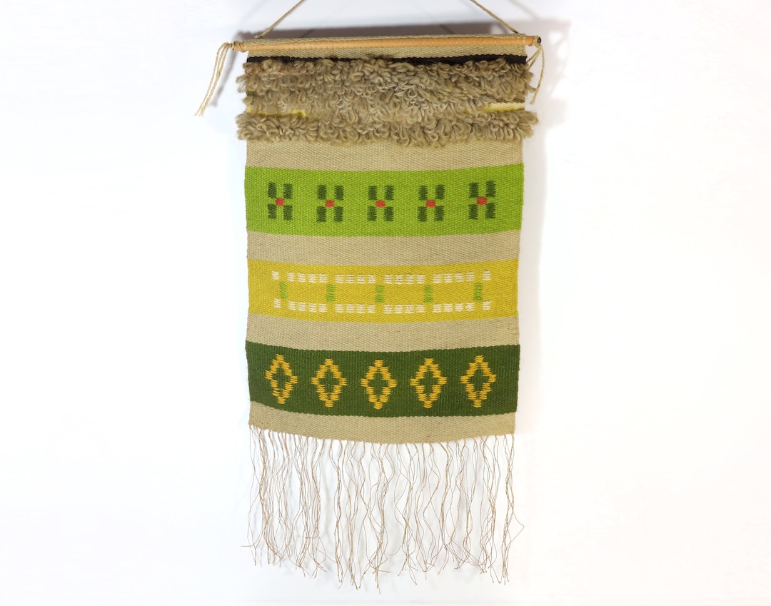 Vintage Fiber Art Weaving Wall Hanging - Avocado Green, Yellow - Etsy