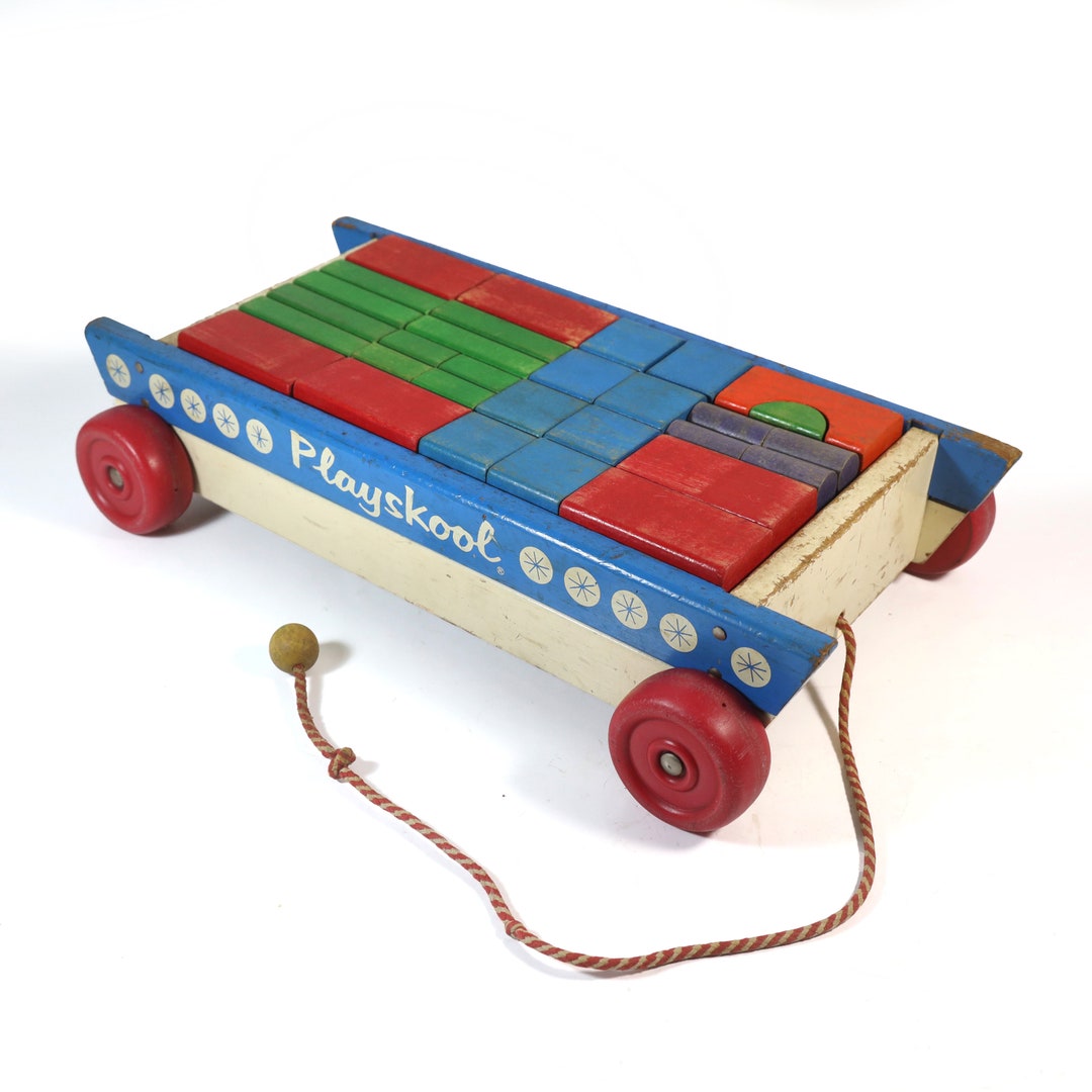 Vintage Playskool Wooden Block Pull Along Wagon - Complete - Etsy