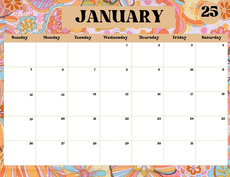 2025 Monthly Calendar printable & Canva Editable Template Retro Floral ...