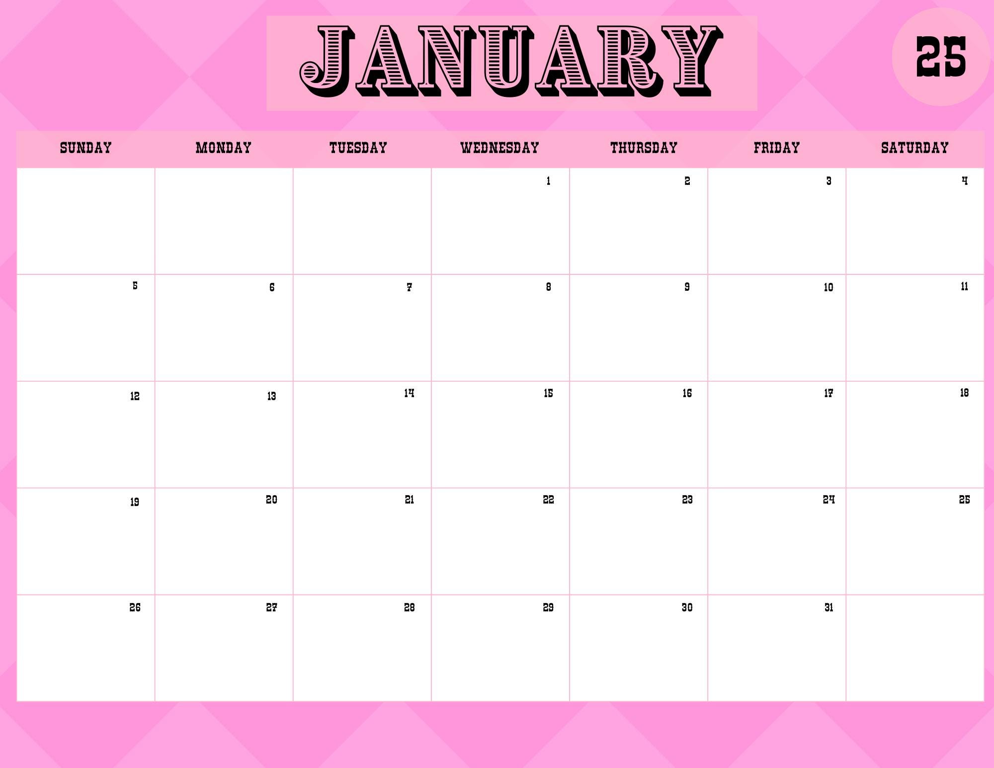 2025 Monthly Calendar Printable & Editable Canva Template - Pink Argyle ...
