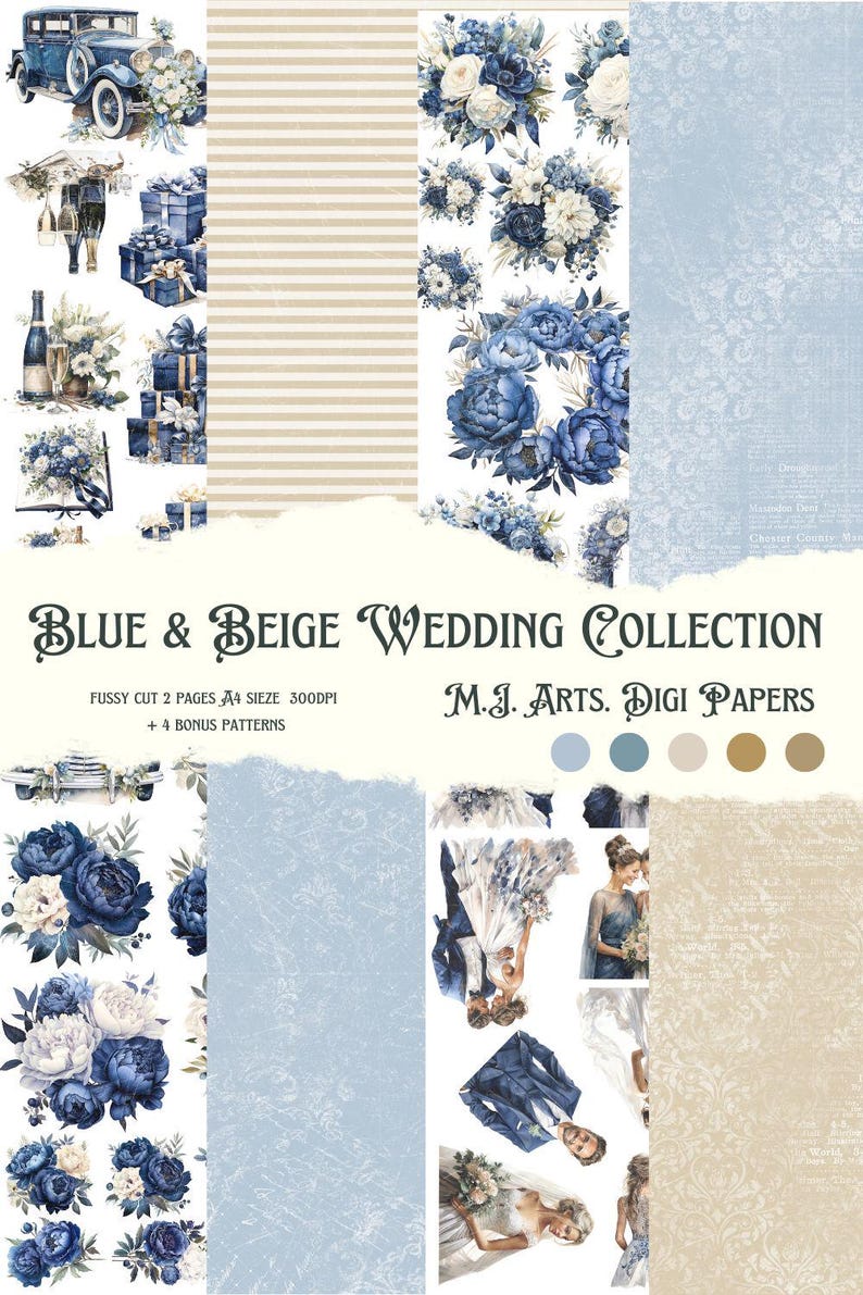 Fussy Cut Blue and Beige Wedding Collection BONUS - Etsy Polska